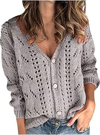 Generic Cardigan en crochet pour femme, cardigan &agrave; manches longues, cardigan court ajour&eacute; de couleur pure, pull en tricot &agrave; simple boutonnage, pull ouvert sur