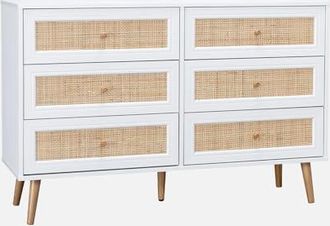 Sweeek Commode Effet Bois et cannage 6 tiroirs Bohème. Blanc - 120x39x79cm
