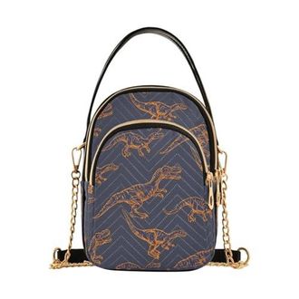 Mnsruu Petit sac &agrave; bandouli&egrave;re en cuir bleu fonc&eacute; avec motif dinosaure orange pour femme
