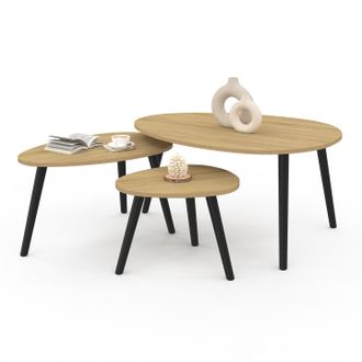 IDMarket Set mit 3 Couchtischen Gaia, Holz und schwarze F&uuml;&szlig;e, skandinavisch