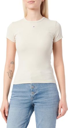 Tommy Jeans Damen T-Shirt Kurzarm Essential Rib Slim Fit, Elfenbein (Newsprint), XXS