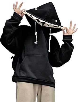 ORANDESIGNE Femme Requin Sweats &agrave; Capuche Anime Kawaii Cor&eacute;enne Manches Longues Harajuku Streetwear Kpop V&ecirc;tements Surdimensionn&eacute; Automne Hiver B Noir M