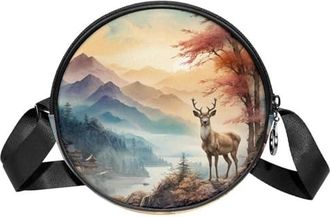 Generic Sac &agrave; bandouli&egrave;re rond pour femme, motif cerf, montagnes, petit sac &agrave; bandouli&egrave;re avec fermeture &eacute;clair, bretelles r&eacute;glables, sac &agrave; main rond d&eacute;contra