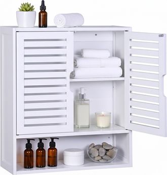 Relaxdays H&auml;ngeschrank Bad, 3 F&auml;cher, HBT: 66 x 59 x 21 cm, Lamellent&uuml;ren, Magnetverschluss, schmaler Wandschrank, wei&szlig;