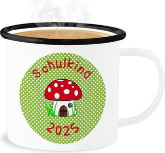 Shirtracer Emaille Becher Blechbecher - Einschulung Geschenk Tasse Schulanfang - Schulkind 2025 Fliegenpilz grün - 300 ml - Weiß Schwarz - schulanfangsgeschenke 