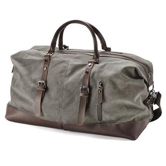 Trendhim Sac de Sport en Toile Gris métallique et Cuir Marron pour Homme avec Compartiment à Chaussures Sac de Voyage Polyvalent