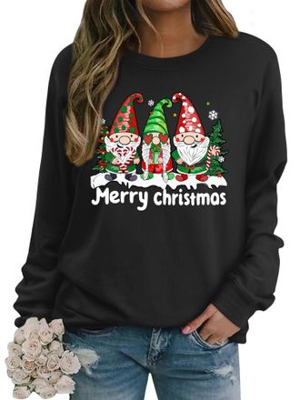 Dresswel Weihnachtspullover Damen Merry Christmas Sweatshirt Lustig Zwerge Druck Baumwolle Weihnachten Pullover Weihnachts Tops Xmas Weihnachtspulli Teenager M