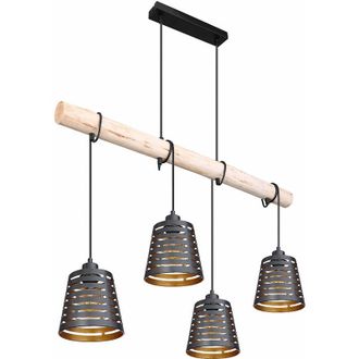 ETC Shop Lampe suspension poutre en bois suspension lampe de salle à manger rétro suspendue avec quatre abat-jour en métal, or noir, 4x E27, LxPxH 85x17x120