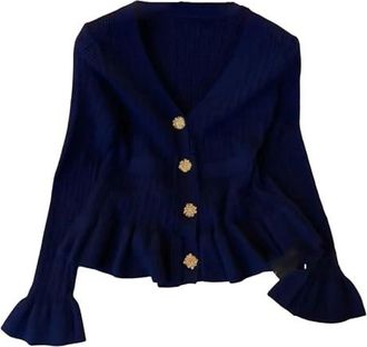 Generic Cardigan tricot&eacute; pr&eacute;coce pour femme - Motif trompette et feuille de lotus, bleu marine, Taille XS