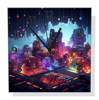 Wallario Design-Wanduhr Leuchtende Pixelstadt aus Glas, Motiv-Uhr Größe 30 x 30 cm, Schwarze Zeiger