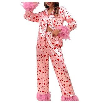 Generic 2026 Cadeau de Saint-Valentin pour femme Mode d&eacute;contract&eacute;e imprim&eacute;e chemise &agrave; manches longues pantalon ensemble deux pi&egrave;ces, Rouge, XXL