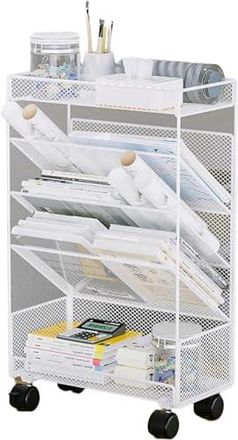 Generic Chariot Utilitaire &agrave; 5 Niveaux avec roulettes, biblioth&egrave;que Mobile, &eacute;tag&egrave;res inclin&eacute;es for Bureau, Salle de Classe, biblioth&egrave;que, espaces &eacute;troits(Whit