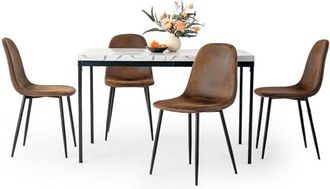 Furniture R 5-teiliges Esszimmer Set, 120cm weißer Marmor Effekt Küchentisch mit Heavy Duty Metallbeinen 4 Wildleder Tan braune Stühle,Esszimmer Restaurant Apartm