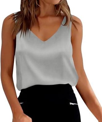 Generic D&eacute;bardeurs en satin pour femme avec col en V et sans manches - Camisole d&eacute;t&eacute; basique - Haut de travail, Gris clair., XS