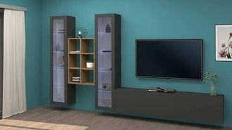 Dmora Ausgestattete Wand Eros, 3-türiges TV-Ständer-Wohnzimmerset, Mehrzweck-Wohnzimmermöbel mit Vitrine und LED-Licht, 100% Made in Italy, 320 x 30 x 180 c