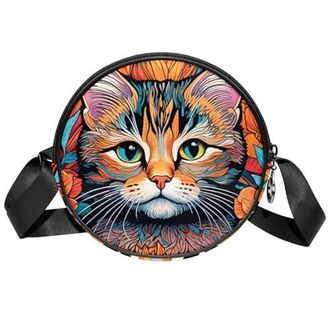 Generic Sac &agrave; bandouli&egrave;re rond rond pour femme, motif chat color&eacute;, avec fermeture &eacute;clair, bretelles r&eacute;glables, style d&eacute;contract&eacute;