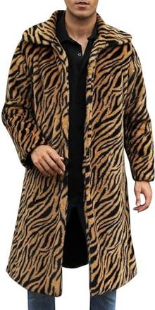 Generic Manteau en fausse fourrure pour homme, imprim&eacute; l&eacute;opard, manches longues, z&egrave;bre, &eacute;pais, doux, manteau dhiver chaud, jaune, XL