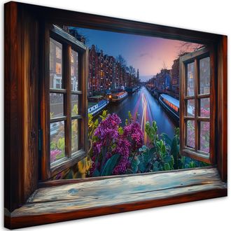 Feeby Leinwand Bilder - Bild Wohnzimmer - Fensterblick Amsterdam Stadt - 120x80 1tlg - Deko Schlafzimmer Gro&szlig; - Dekoration Canvas - Gem&auml;lde - Modern Wandbil