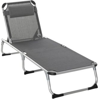 OUTSUNNY Bain de soleil transat pliable grand confort dossier r&eacute;glable multi-position t&eacute;ti&egrave;re alu. textil&egrave;ne gris