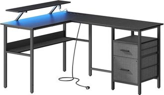 Vasagle Vasagle - Bureau en l avec Multiprise, Bureau dAngle, Bureau Informatique avec Rehausseur dÉcran, Bureau Gaming led, 2 Tiroirs, 2 Ports usb, Facile