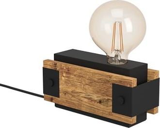 Eglo Tischlampe Layham, 1 flammige Tischleuchte Vintage, Industrial, Retro, Nachttischlampe aus Stahl und Holz, Wohnzimmerlampe in Schwarz, Natur, Lampe mi