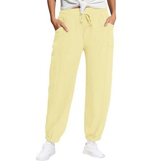 Generic Nuoke pantalon fluide femme &eacute;t&eacute;,Pantalon large en lin pour, d&eacute;contract&eacute;, ample, taille haute, pour la plage, avec poches Short Pyjama Carreaux (Yellow