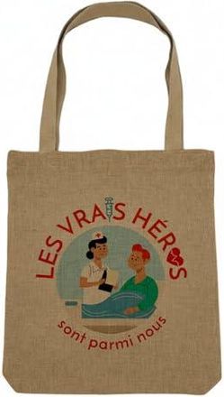 Fabulous Sac Shopping Tote Bag Aspect Lin - Les Vrais H&eacute;ros - Infirmi&egrave;re Auxiliaire M&eacute;tier Sac de Courses Toile Epaisse 360g Beige Naturel Cabas Port&eacute; Epaule S