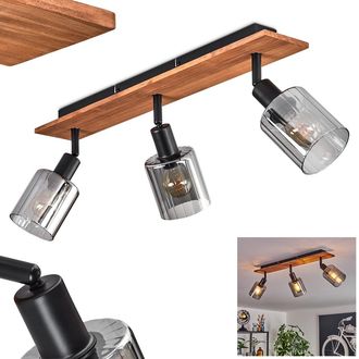 HOFSTEIN Deckenleuchte Aggebu, Deckenlampe aus Metall/Holz/Glas in Schwarz/Natur/Rauchfarben, Leuchte im Retro/Vintage/Industrial-Design mit verstellbaren Schi