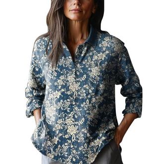 Generico Chemise Femme &Eacute;l&eacute;gant &agrave; Manches Longues Chemises en Lin Coton Curvy Grande Taille T Shirt Col en V Doux Blouse Vintage Imprim&eacute; avec Boutons Classique 