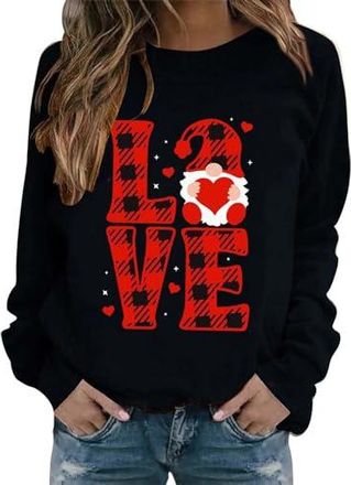 Generic Sweat-shirt de Saint-Valentin &agrave; manches longues pour femme, col rond, d&eacute;contract&eacute;, imprim&eacute; gnome, tenues pour cadeaux 2026, Noir, XL