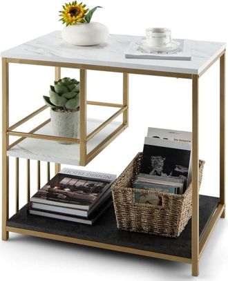 Costway Costway - 3 Ebenen Beistelltisch mit Marmoroptik, Couchtisch Holz mit goldfarbenem Metallgestell, Dekotisch modern, für Wohnzimmer und Schlafzimmer