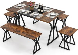 Giantex Esstisch mit 2 B&auml;nken & 2 Hockern, Essgruppe 5er Set, K&uuml;chentisch mit St&uuml;hlen, Esszimmertisch 139 x 80 cm f&uuml;r 4-6 Personen, Esszimmergruppe Industrial