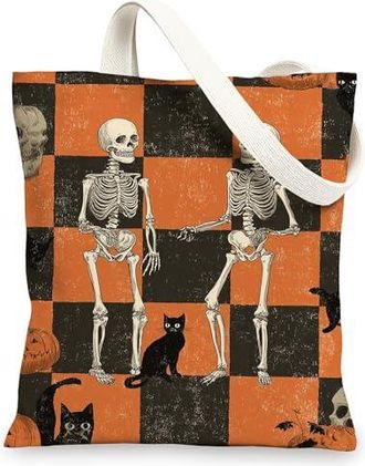 Generic Sacs fourre-tout en toile dHalloween, motif squelette et chat, sacs dépicerie réutilisables, sac vintage léger et lavable à bandoulière, Orange, 13x15