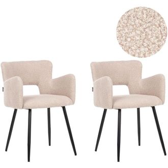 Beliani Esszimmerstuhl 2er Set Beige Boucl&eacute; Stoffbezug mit Hohen Armlehnen Schwarzen Beinen aus Metall Modern Wohnzimmer Esszimmer K&uuml;che M&ouml;bel