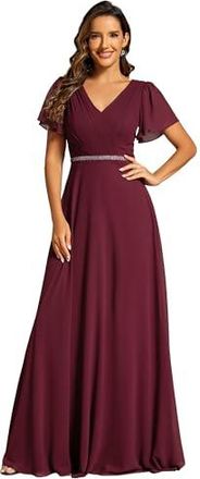 Ever-pretty Robe Femme de Soirée Longue Col V Manches Courtes Mousseline Taille Empire Chic Bordeaux 54