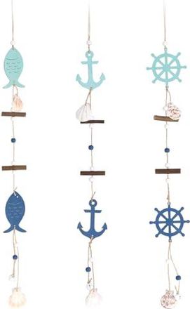 Com-Four 3 Pièces - Décoration à Suspendre Maritime - Volant, Ancre et Poisson en Bois avec Coquillages - 60cm