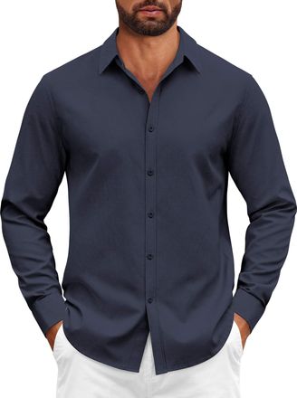 Coofandy Herren Hemd Langarm Baumwolle Regular Fit Button Down Formal Business Freizeithemd Dunkel Blau L