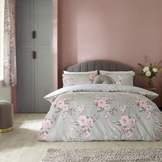Catherine Lansfield Bedding Canterbury Floral Super King Duvet Cover Set with Pillowcase Grey