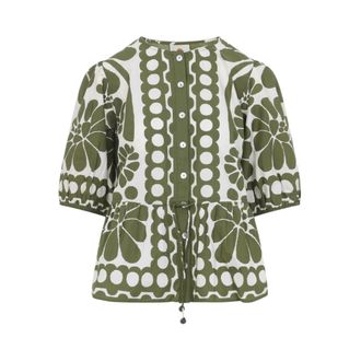 Farm Rio Palermo Bluse mit Blumenmuster aus Baumwolle mit Kordelzug in der Taille und Knopfleiste - - Blouses & Shirts - Damen - Gr&uuml;n - S
