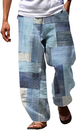 Generic Pantalon de plage décontracté pour homme - Pantalon baggy patchwork en lin, pantalon ample à taille élastique pour les loisirs et les voyages, pantalo