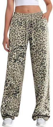 Generic Pantalon imprim&eacute; l&eacute;opard pour femme - Pantalon de pyjama &agrave; jambe large - Cordon de serrage - Coupe classique - Pantalon ample doux - Taille &eacute;lastique 