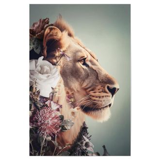 artboxONE Poster 90x60 cm Floral Löwe-Liebes-Diptychon hochwertiger Design Kunstdruck - Bild löwe Blumen botanisch