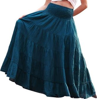 Generic Jupe longue pliss&eacute;e en coton pour femme - Robe de danse boh&egrave;me gitane - Robe d&eacute;t&eacute; - Robe ample pour la plage, les vacances - Essentiels de vacances po
