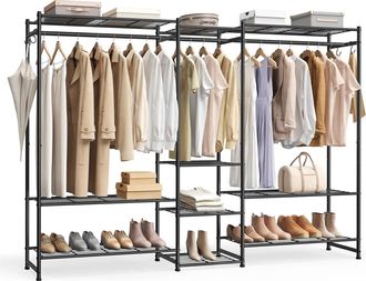 Songmics Kleiderst&auml;nder, offener Kleiderschrank, Garderobenst&auml;nder mit 10 Ablagen, 3 Kleiderstangen, 4 S-Haken, Metallrahmenm, f&uuml;r Schlafzimmer, Wohnzimmer, Ei