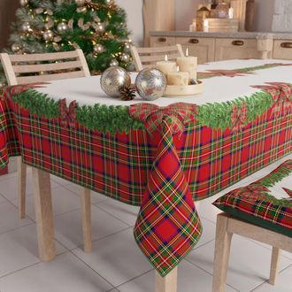 Petti Artigiani Italiani Weihnachts-Tischdecke 140 x 140 cm, quadratisch, schmutzabweisend, Motiv Tartan-Schleife, 100% Made in Italy - Petti