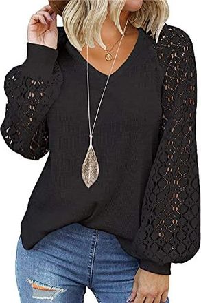 TOMWELL Chemisier Blouse Ample &agrave; Manches Longues en Dentelle pour Femmes Patchwork Chemisier Femme Col en V Tunique Tops Jumper Pullover Blouse Mode Shirt A N