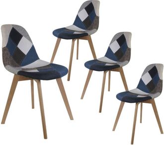 Altobuy DAMAS - Lot de 4 Chaises Patchwork Bleu et Gris