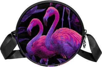 Generic Sac &agrave; bandouli&egrave;re rond pour femme, motif flamants roses de la for&ecirc;t tropicale rose, petit sac &agrave; bandouli&egrave;re avec fermeture &eacute;clair, bretelles r&eacute;glables