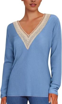 Generic Chemise unie à manches longues pour femme, coupe ample, t-shirt à manches longues, coupe ajustée, col en V, chemises en tricot côtelé, vêtements pour 