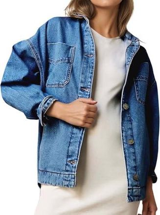 Generic 2026 Vestes en jean pour femmes, veste surdimensionn&eacute;e, boutonn&eacute;e, manches longues, en denim zimbaplatinum, bleu, XL